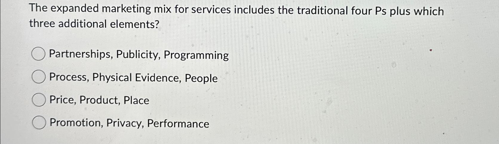 Solved The expanded marketing mix for services includes the | Chegg.com