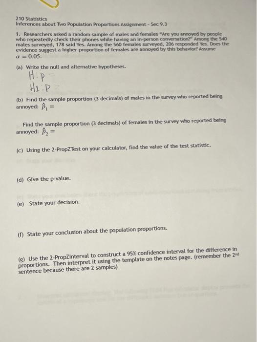 Solved 210 Statistics Inferences about Two Population | Chegg.com