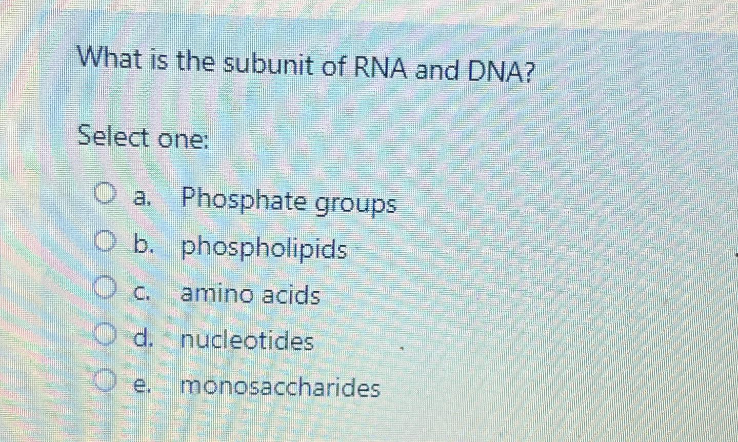 Solved What is the subunit of RNA and DNA?Select one:a. | Chegg.com
