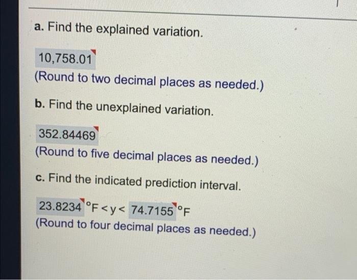 Solved a. Find the explained variation. 10,758.01 (Round to | Chegg.com