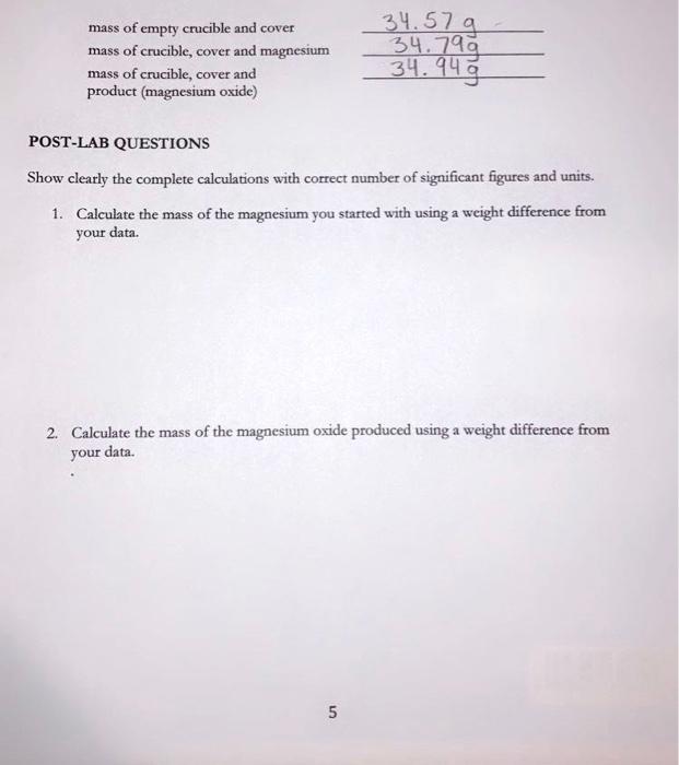 Solved mass of empty crucible and cover mass of crucible, | Chegg.com