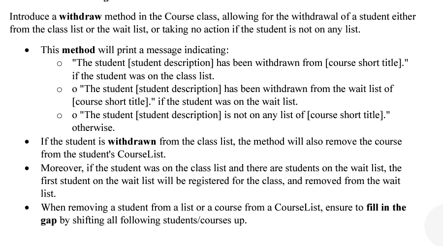 Solved Introduce a withdraw method in the Course class, | Chegg.com