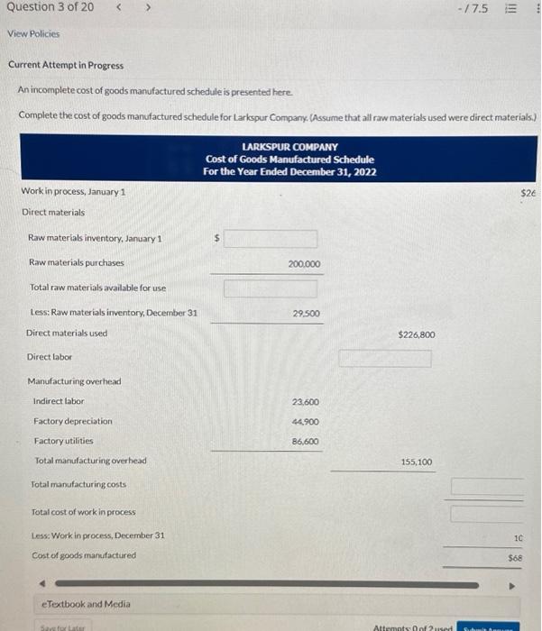 Solved Current Attempt in Progress An incomplete cost of | Chegg.com