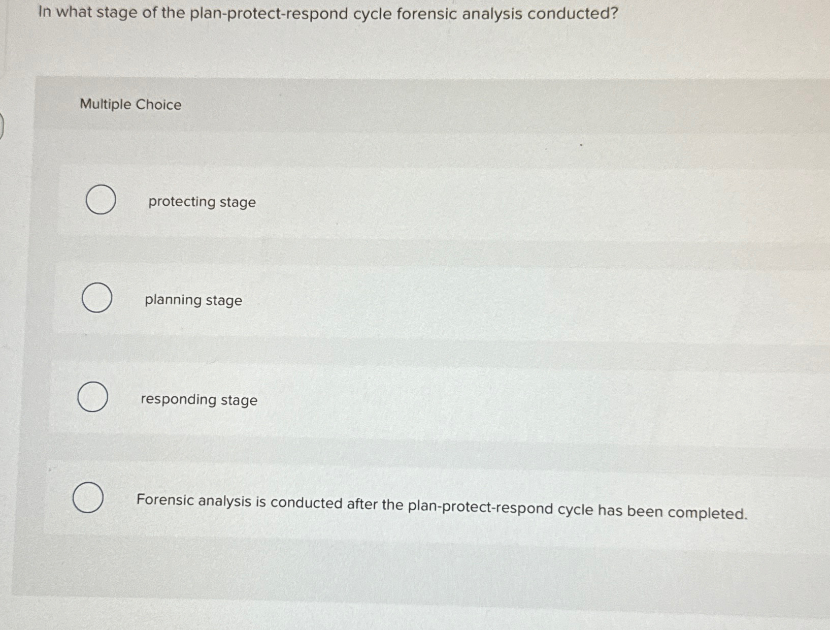 Solved In what stage of the plan-protect-respond cycle | Chegg.com