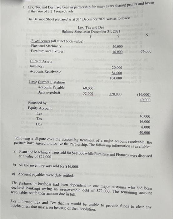 Solved 1. Lex, Tex and Des have been in partnership for many | Chegg.com