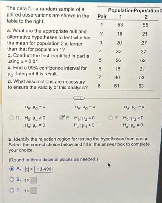 Solved The data for a random sample of 8 paired observations | Chegg.com