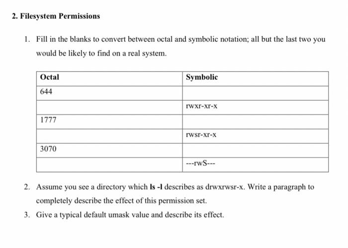 Solved Filesystem Permissions 1. Fill in the blanks to | Chegg.com