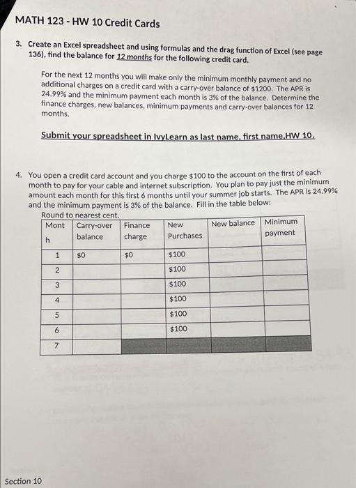 Solved MATH 123 - HW 10 Credit Cards 3. Create an Excel | Chegg.com