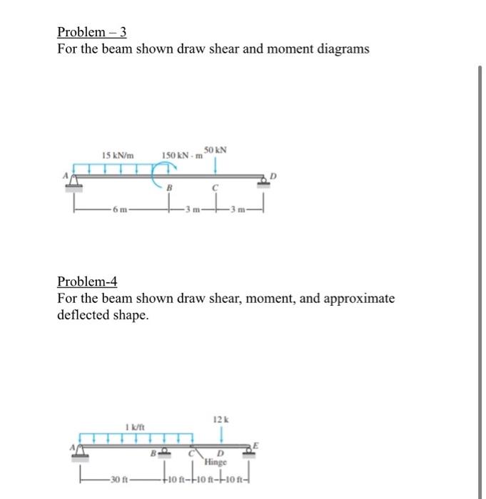 Solved Problem - 3 For the beam shown draw shear and moment | Chegg.com