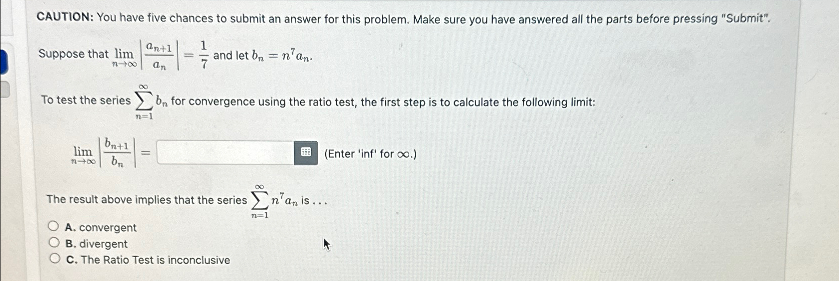 Solved CAUTION: You have five chances to submit an answer | Chegg.com