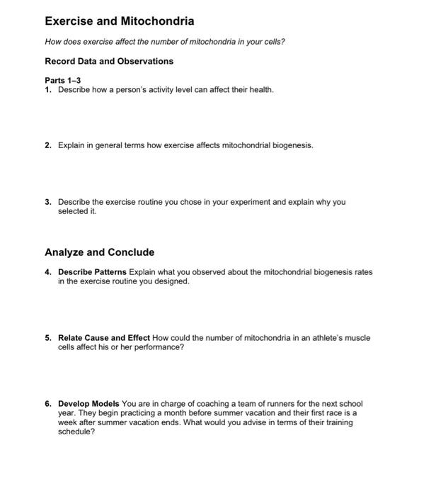 Solved Exercise and Mitochondria How does exercise affect | Chegg.com