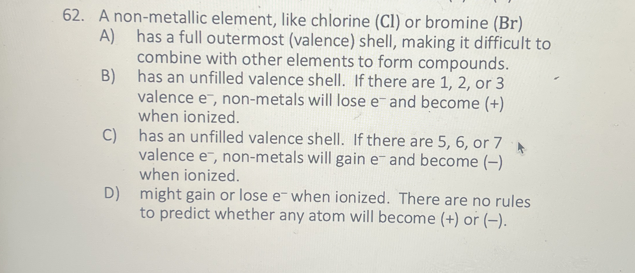 Solved A non-metallic element, like chlorine (Cl) ﻿or | Chegg.com