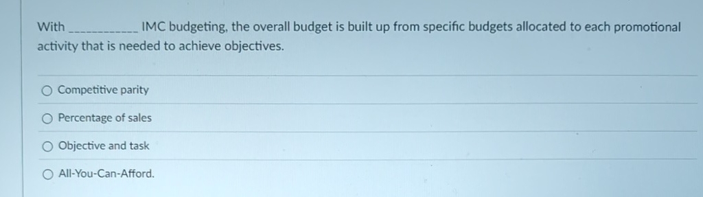 Solved With ﻿IMC budgeting, the overall budget is built up | Chegg.com