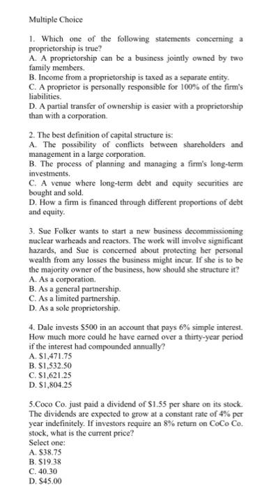 Solved Multiple Choice 1. Which one of the following | Chegg.com