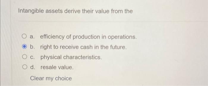 Solved Intangible assets derive their value from the a. | Chegg.com