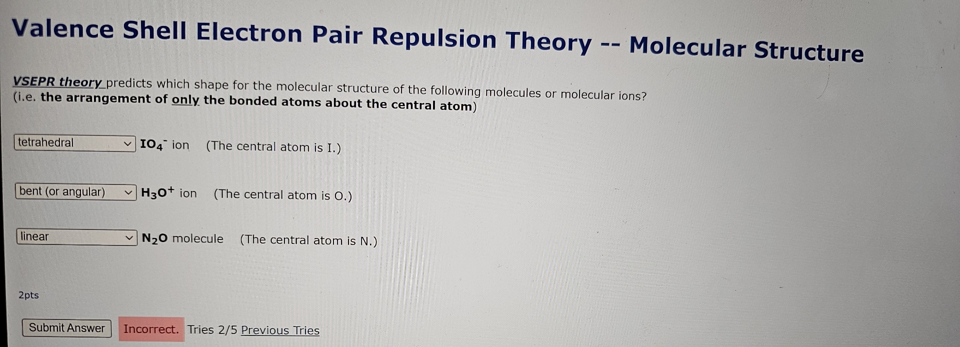 Solved Valence Shell Electron Pair Repulsion Theory -- | Chegg.com