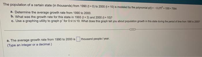 Solved The population of a certain state (in thousands) from | Chegg.com