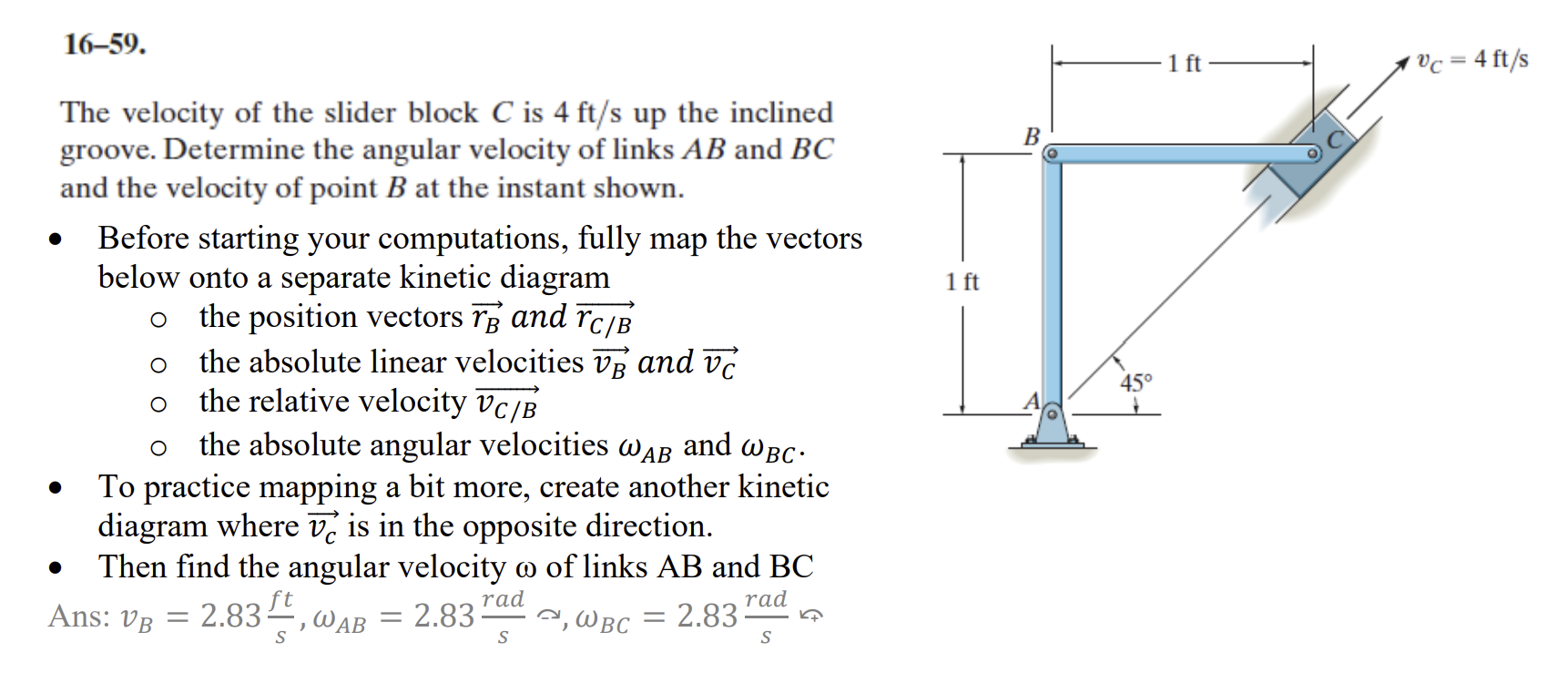 Solved 16-59.The velocity of the slider block C ﻿is 4fts ﻿up | Chegg.com