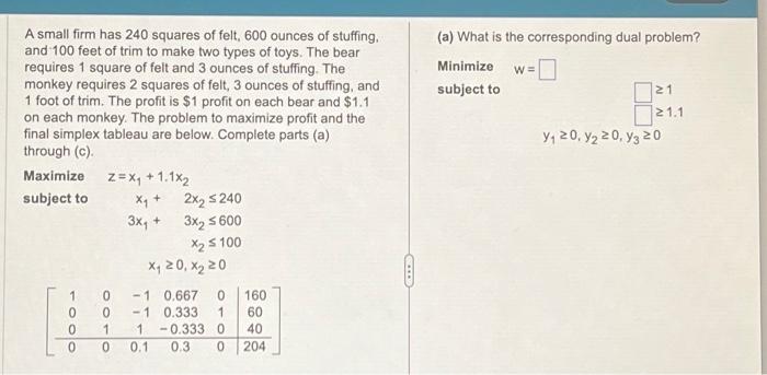 Solved A small firm has 240 squares of felt, 600 ounces of | Chegg.com