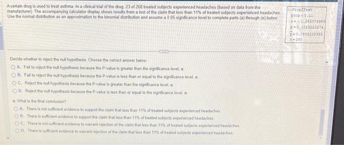 Solved Decide whether to reject the null hypothesis. Choose | Chegg.com