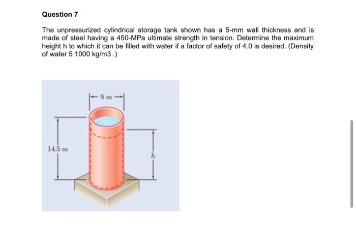 Solved Question 7 The unpressurized cylindrical storage tank | Chegg.com