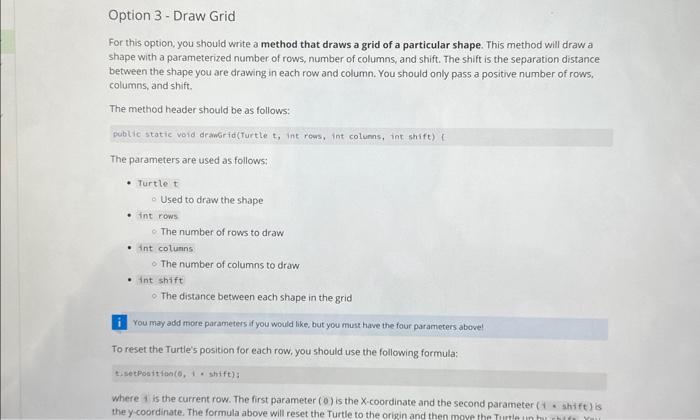 Solved For this option, you should write a method that draws | Chegg.com