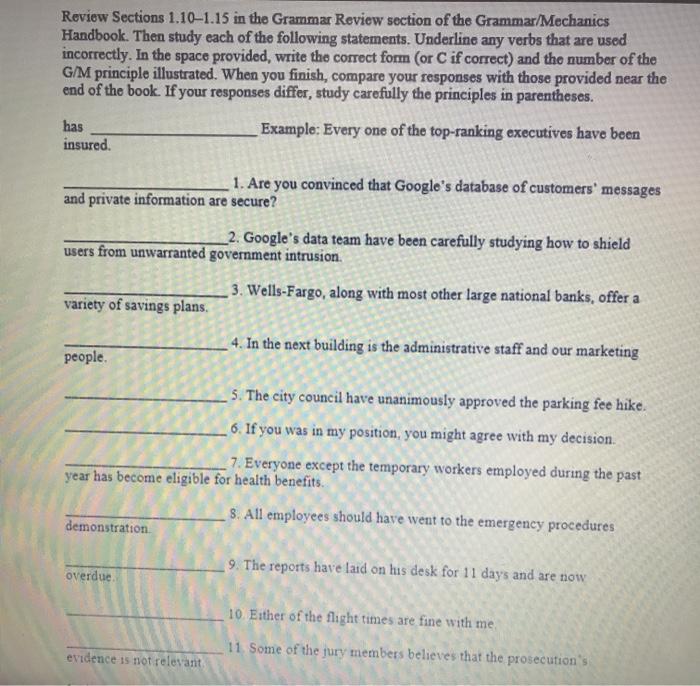 Solved Review Sections 1.10-1.15 in the Grammar Review | Chegg.com