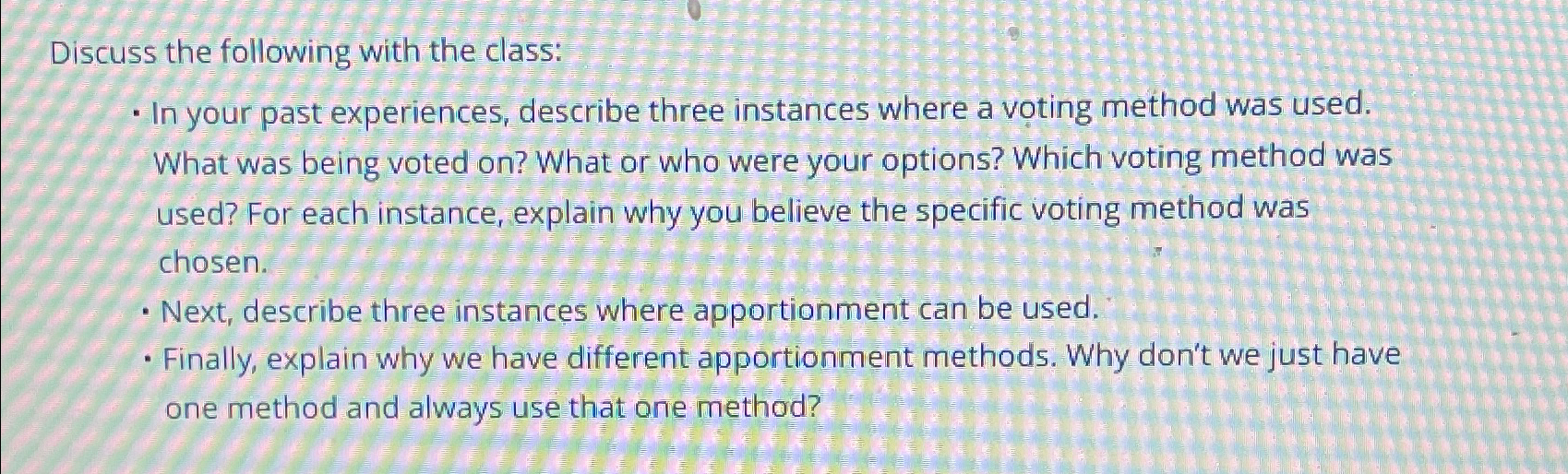 Solved Discuss the following with the class:In your past | Chegg.com