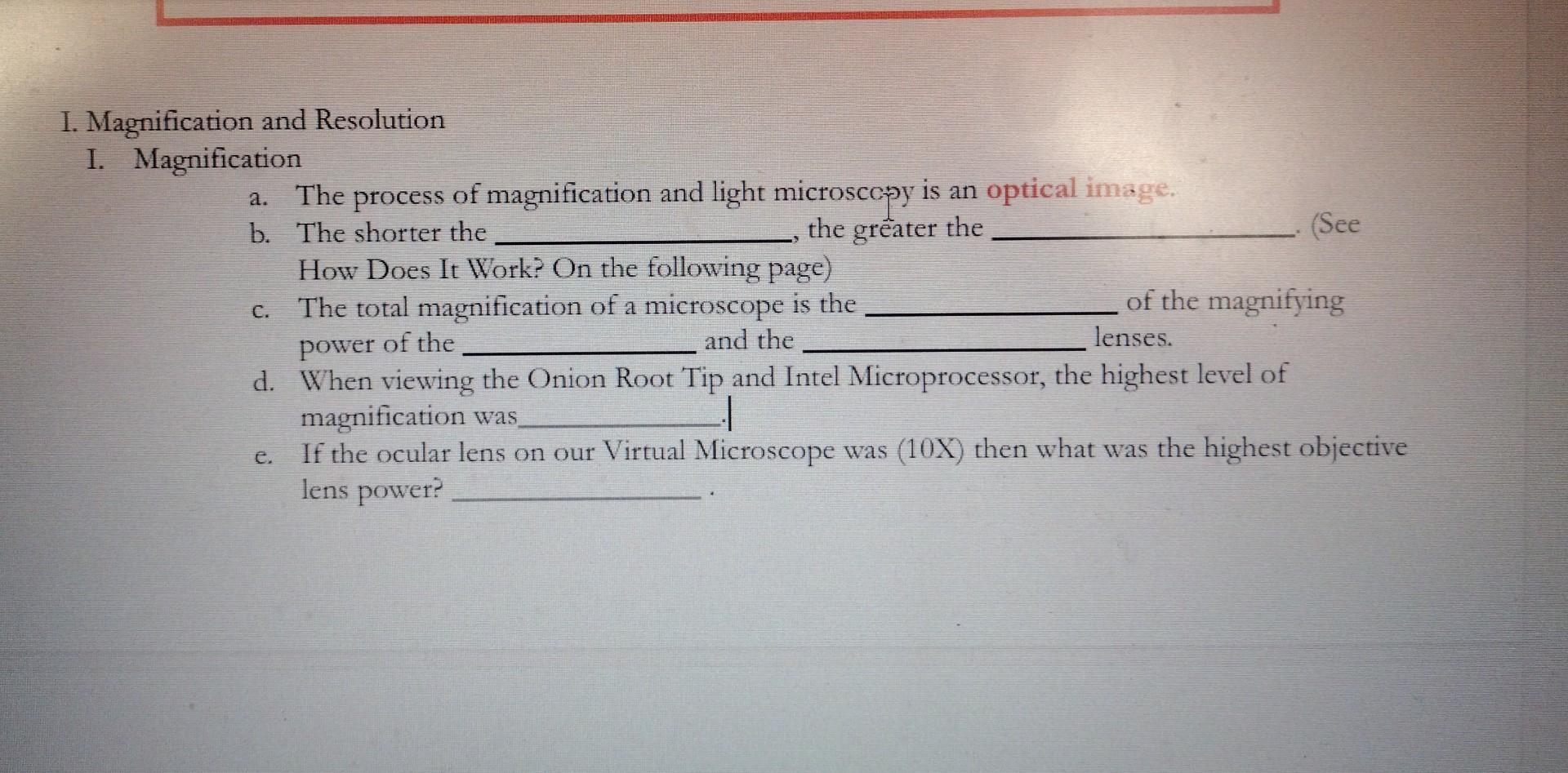 Solved I. Magnification and Resolution I. Magnification a. | Chegg.com
