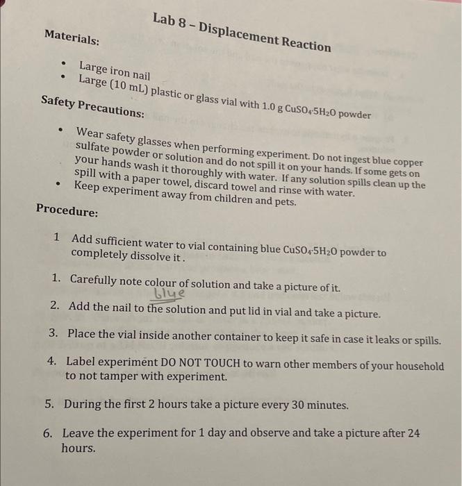 Solved Lab 8 - Displacement Reaction Materials: - Large iron | Chegg.com