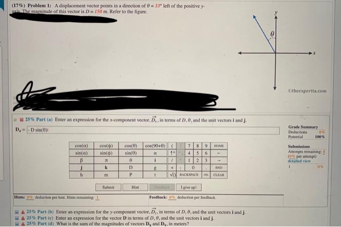 Solved 17 Problem 1 A Displacement Vector Points In A