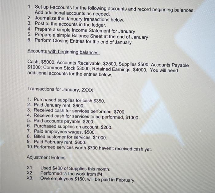 Solved 1. Set up t-accounts for the following accounts and | Chegg.com