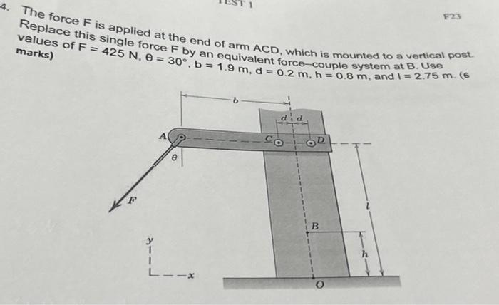 Solved 4. The force F is applied at the end of arm ACD, | Chegg.com