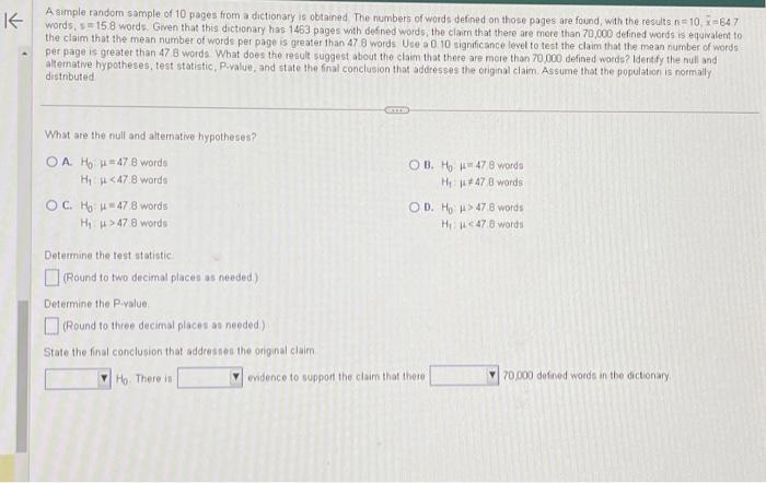 Solved A simple random sample of 10 pages from a dictionary | Chegg.com