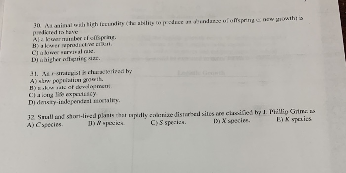 Solved 30. An animal with high fecundity (the ability to | Chegg.com