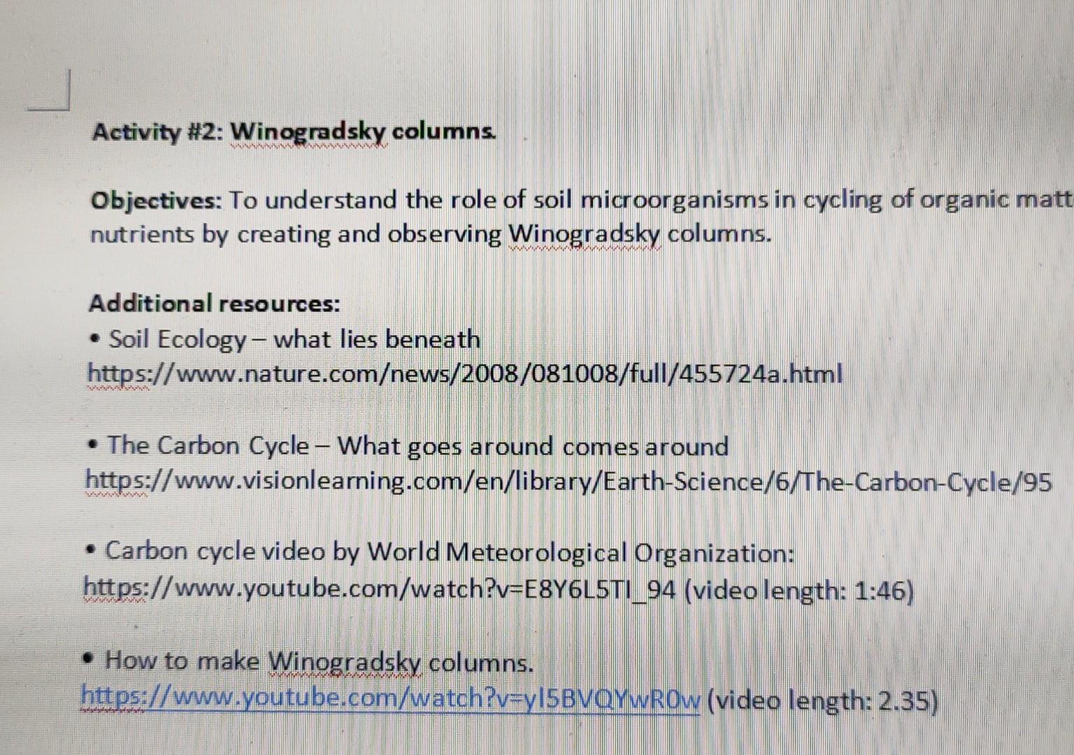 Solved Winogradsky columns observation Fill the Observation | Chegg.com