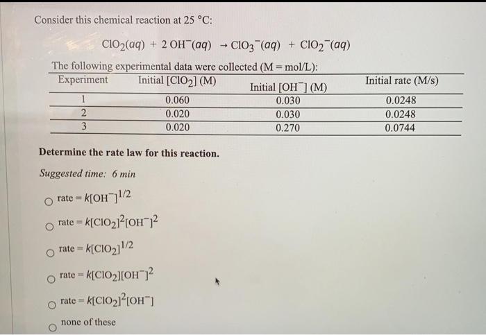 Solved Consider this chemical reaction at 25 °C: ClO2(aq) + | Chegg.com