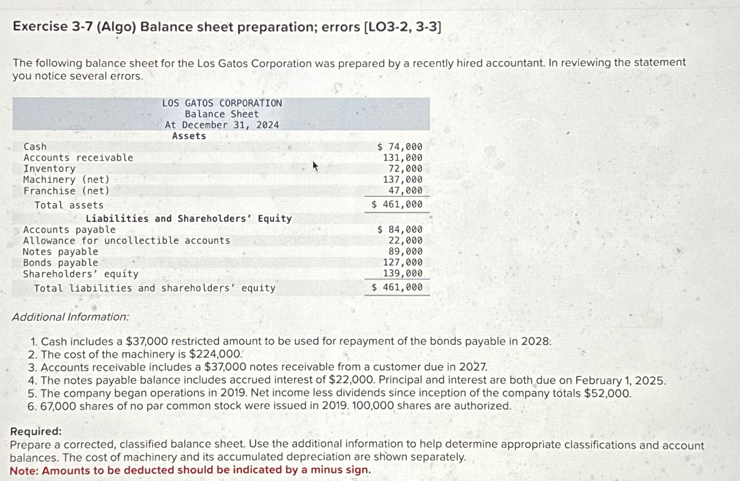 Solved Exercise 3-7 (Algo) ﻿Balance sheet preparation; | Chegg.com
