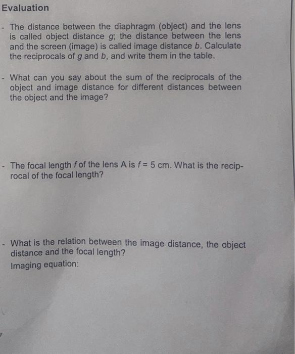 Solved Table: Object distance g and image distance b 1 1 | Chegg.com