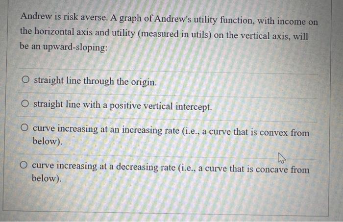 Solved Andrew is risk averse. A graph of Andrew's utility | Chegg.com
