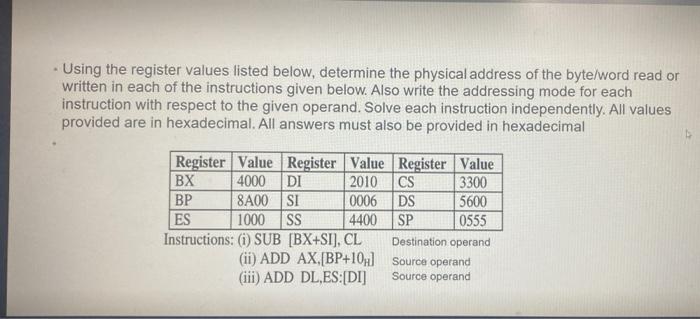 Solved Using the register values listed below, determine the | Chegg.com
