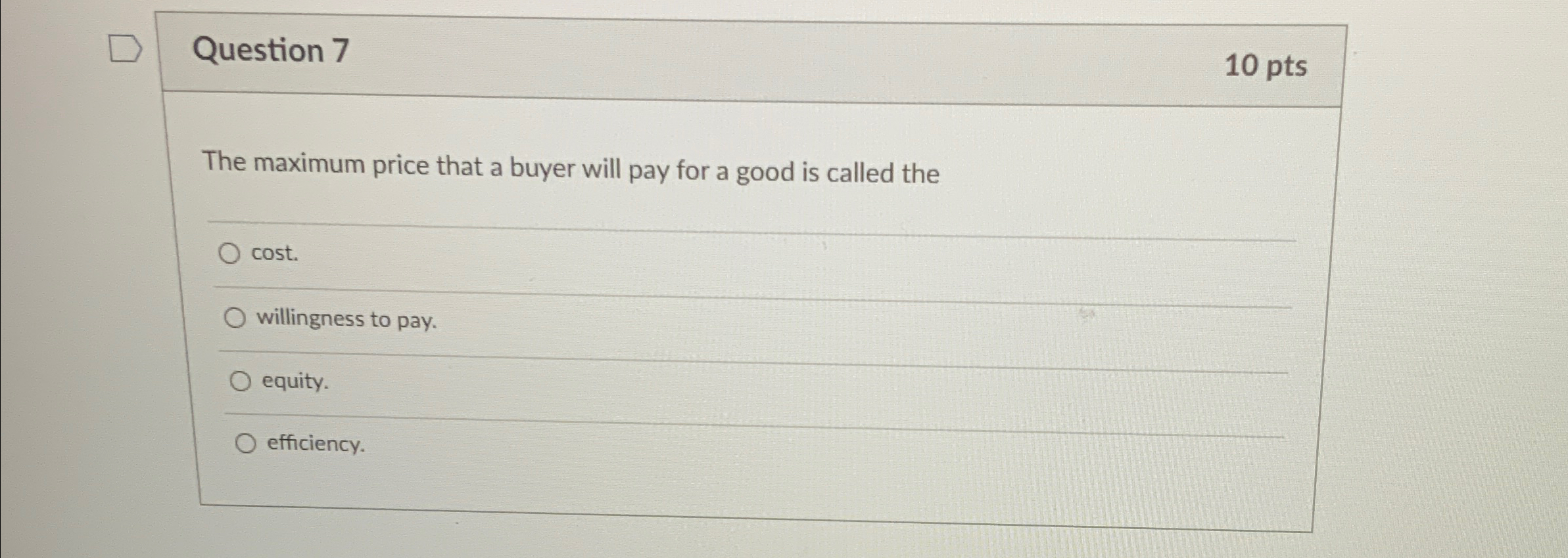 Solved Question 710 ﻿ptsThe maximum price that a buyer will | Chegg.com