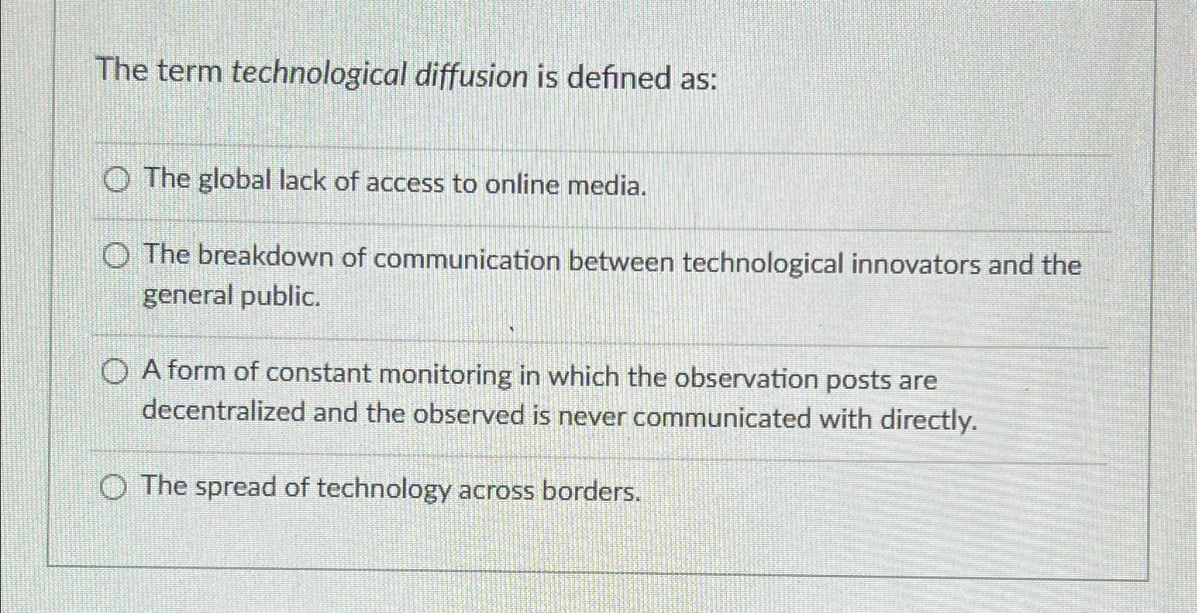Solved The term technological diffusion is defined as:The | Chegg.com