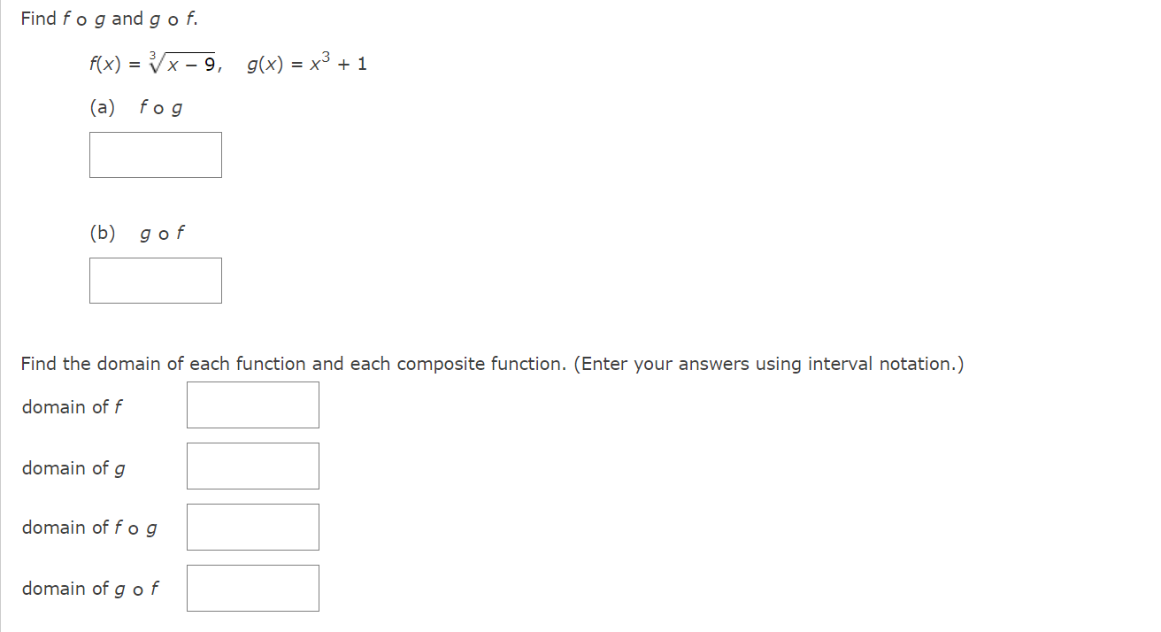 Solved Find f ∘ ﻿g ﻿and g ∘ ﻿f.f(x) = ﻿3x − 9, ﻿ g(x) = | Chegg.com