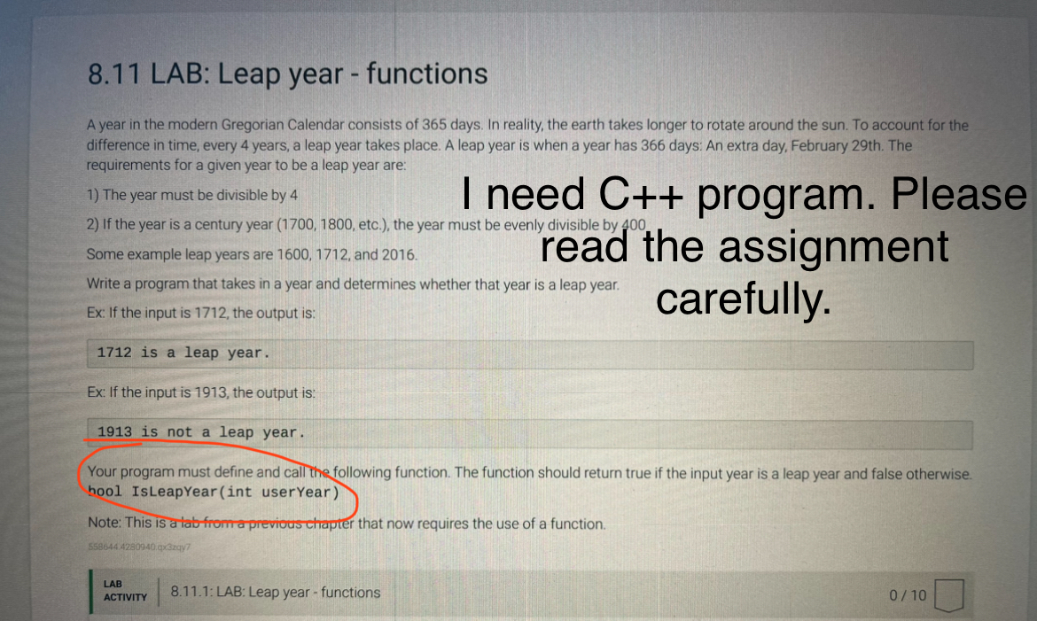 Solved 8.11 ﻿LAB: Leap year - ﻿function. C++ | Chegg.com