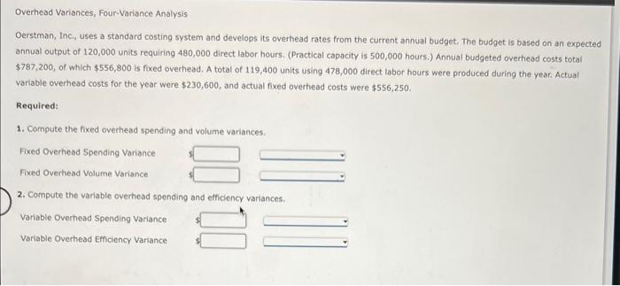 Solved Overhead Variances, Four-Variance Analysis Oerstman, | Chegg.com