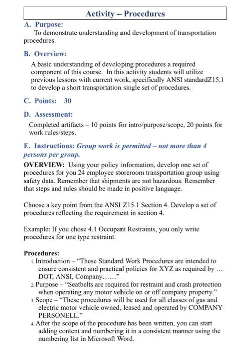 Solved Activity - Procedures A. Purpose: To demonstrate | Chegg.com