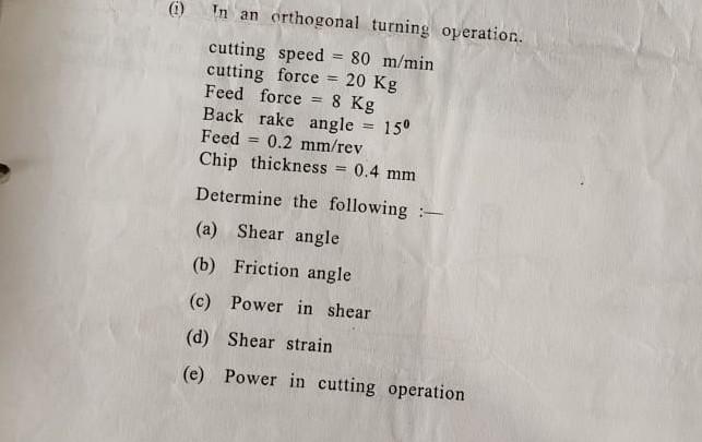 (1) In an orthogonal turning operation. cutting speed | Chegg.com