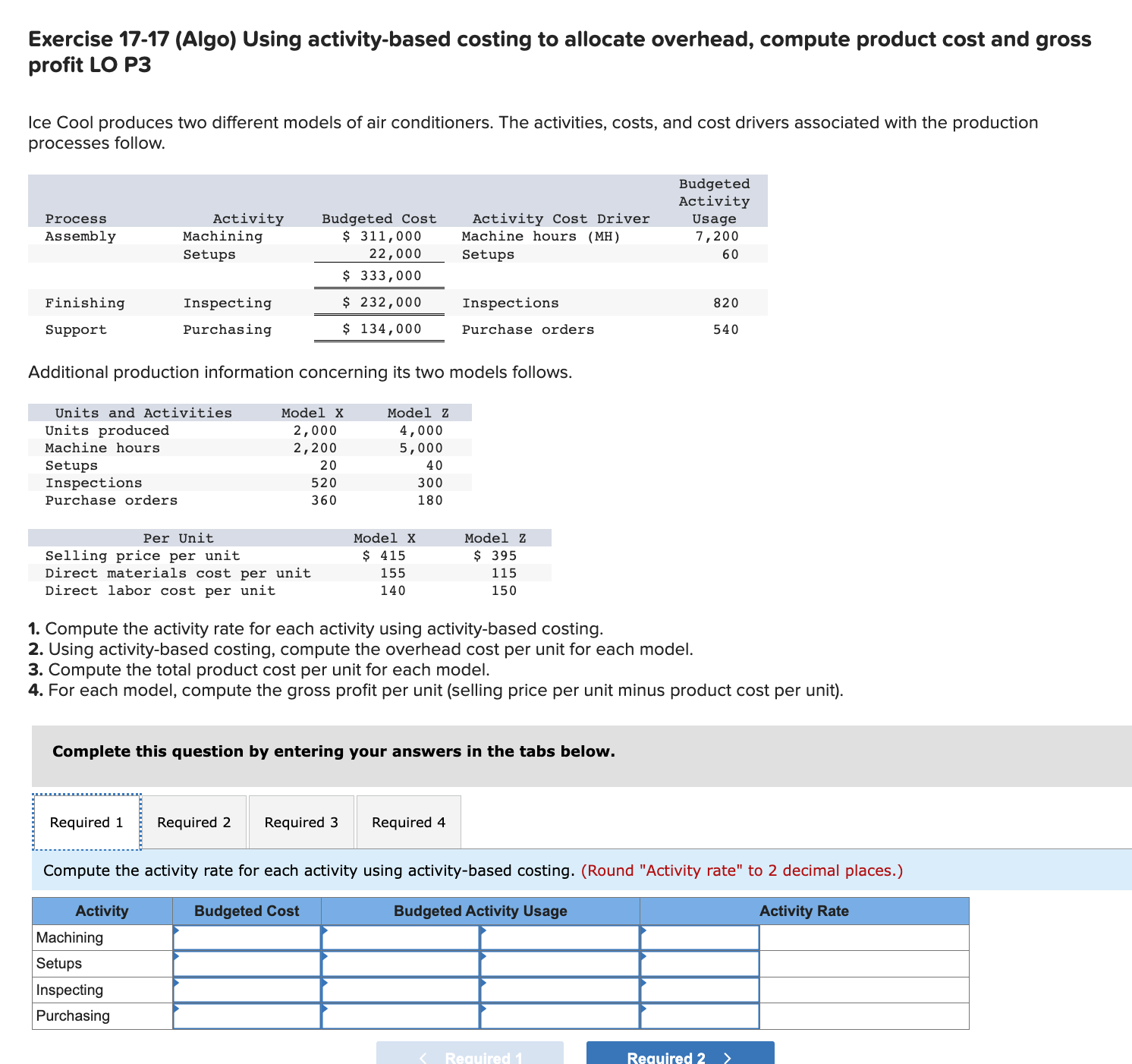 Solved Exercise 17-17 (Algo) ﻿Using activity-based costing | Chegg.com
