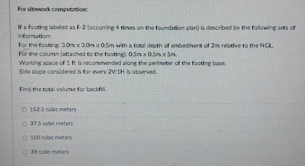 Solved For sitework computation: If a footing labeled as F-2 | Chegg.com